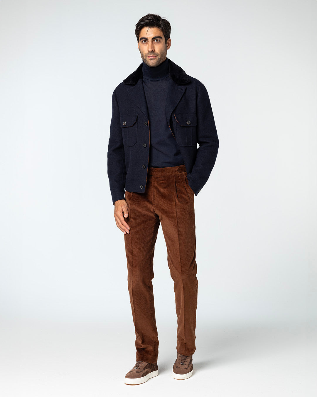 Lumen Wool Jacket with Mink Collar, Navy Blue/Rusty | Aloisio